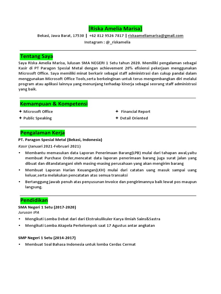 CV Riska Amelia | PDF | Karier & Perkembangan | Pengelolaan Keuangan & Uang