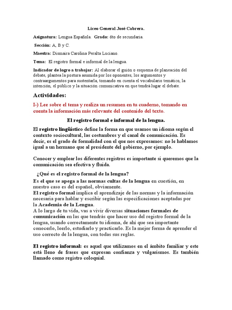 Registro Formal e Informal de La Lengua | PDF | Lengua española ...