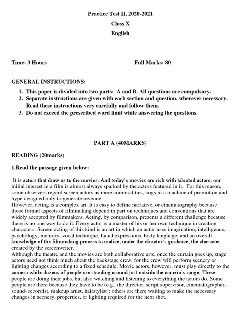 CLASS10 ENGLISH Practice Test II 2020 2021 | PDF | Social Media ...
