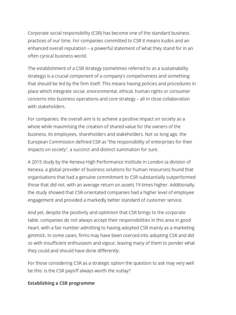 Corporate Social Responsibility (CSR) Has Become One of The Standard ...