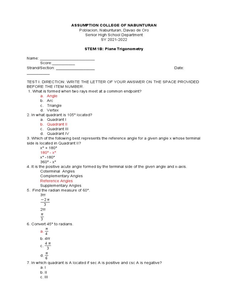 Plane Trigonometry Sample Questions | PDF | Trigonometric Functions | Angle