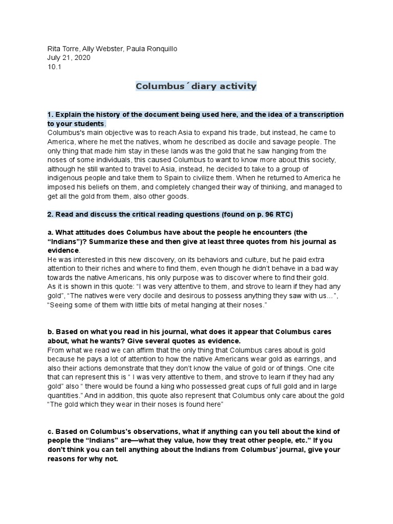 Columbus Diary Activity | PDF | Christopher Columbus | Psychological ...