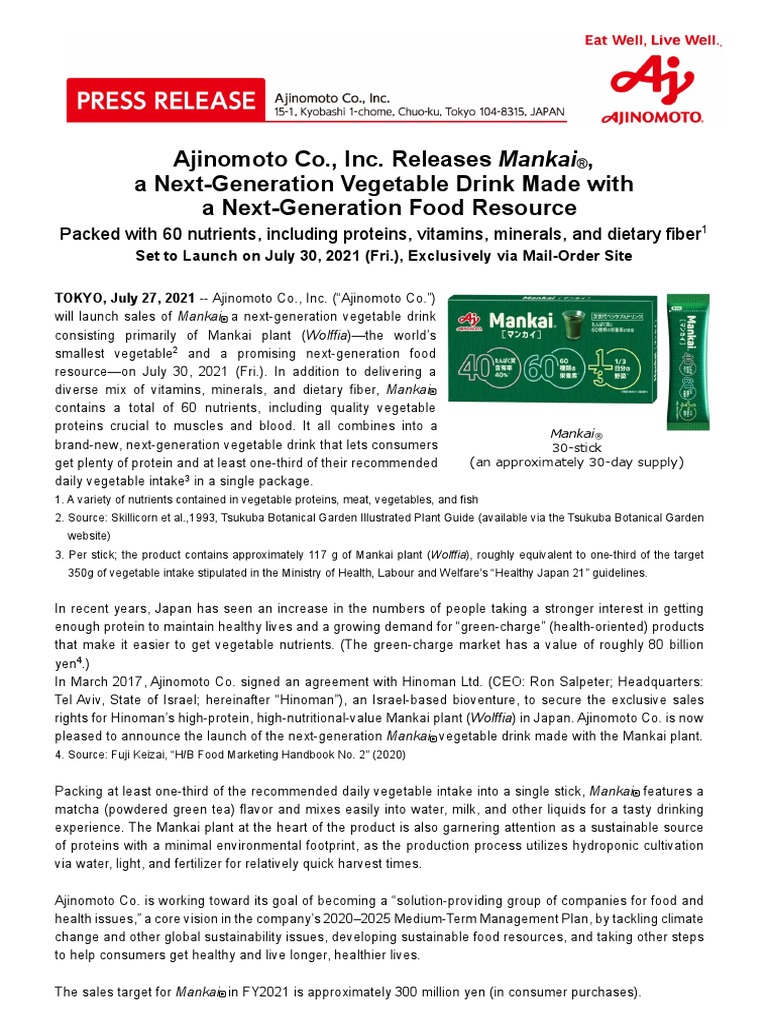 Ajinomoto Co., Inc. Releases Mankai | PDF | Nutrients | Vegetables