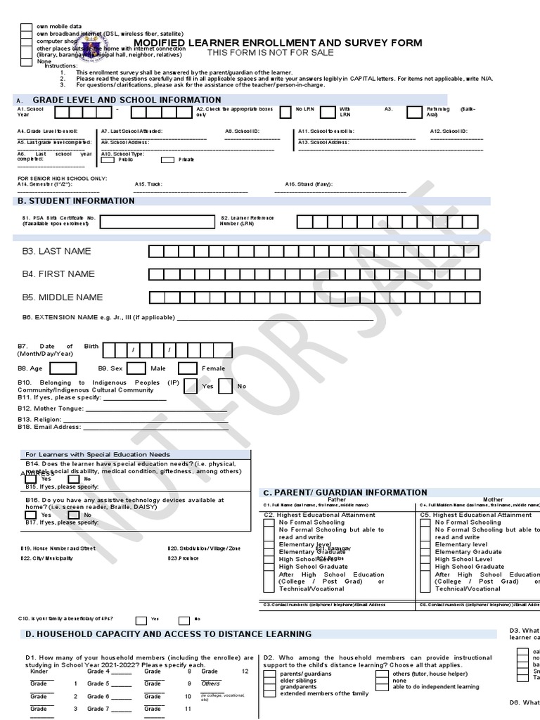 Modified Learner Enrollment and Survey Form: Grade Level and School ...