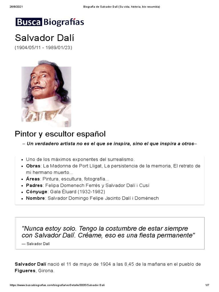Biografía de Salvador Dalí (Su Vida, Historia, Bio Resumida) | PDF ...