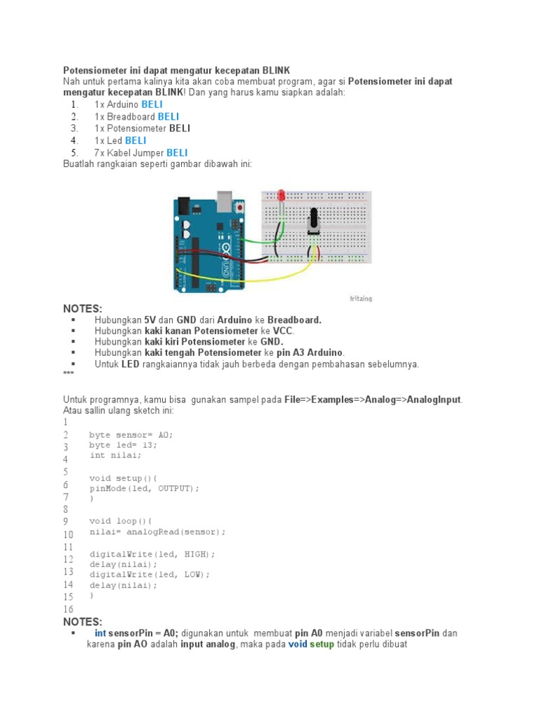 Potensiometer Arduino: Atur Kecepatan LED | PDF | Metode & Bahan Ajar | Komputer