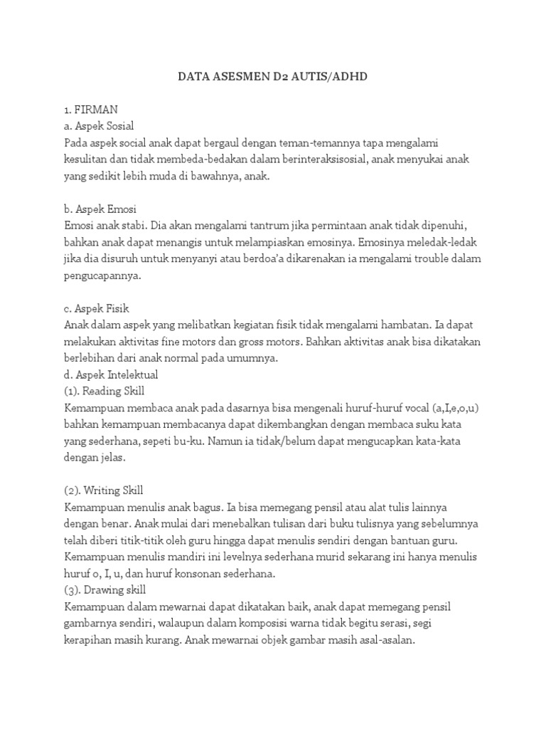 Contoh Data Asesmen d2 Autis | PDF | Seni & Disiplin Bahasa | Pengembangan Diri
