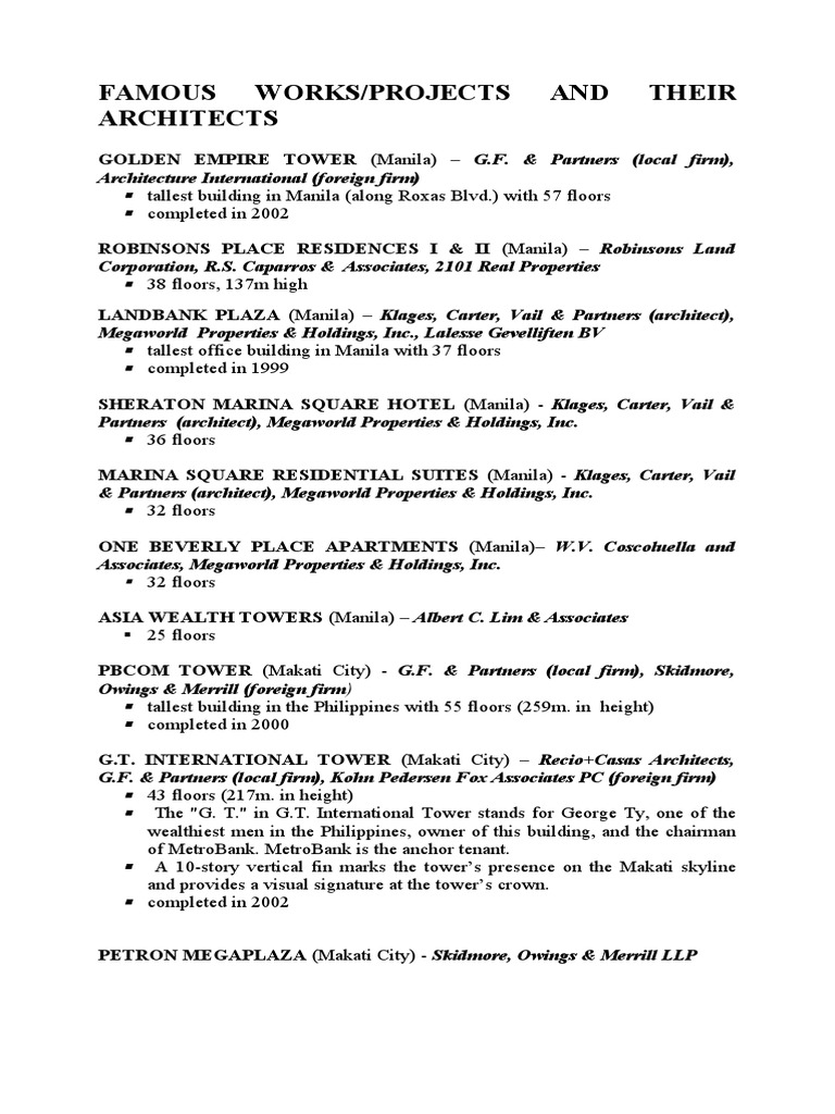 Famous Works/Projects and Their Architects | PDF | Buildings And ...