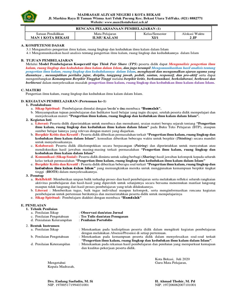 Rpp-Ilmu Kalam-Kls Xi Gasal-Kskk | PDF | Karier & Perkembangan | Sains & Matematika