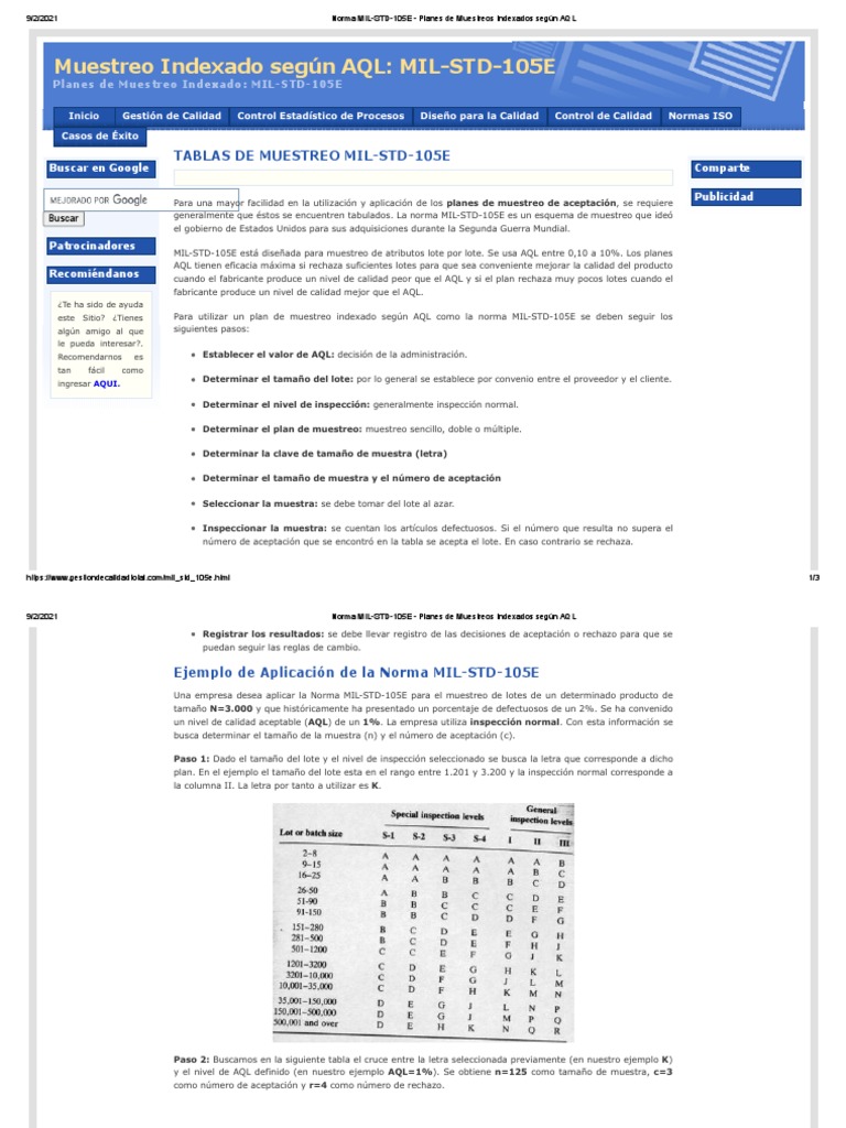 Norma MIL-STD-105E - Planes de Muestreos Indexados Según AQL | PDF | Calidad (comercial ...