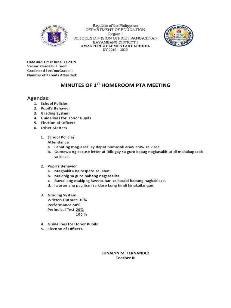 Minutes of 1 Homeroom Pta Meeting: Agendas | PDF | Philippines
