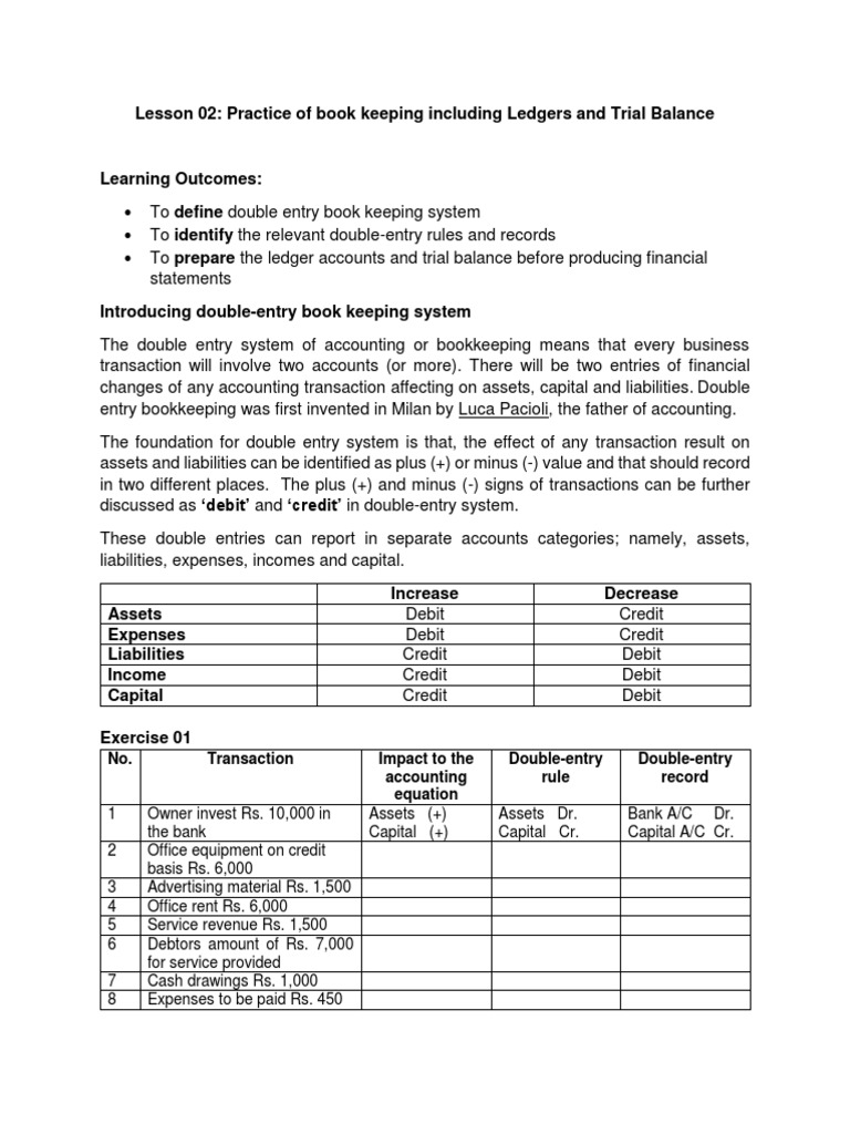 Lesson 02 - Practice of Book Keeping Including Ledgers and Trial Balance | PDF | Debits And ...