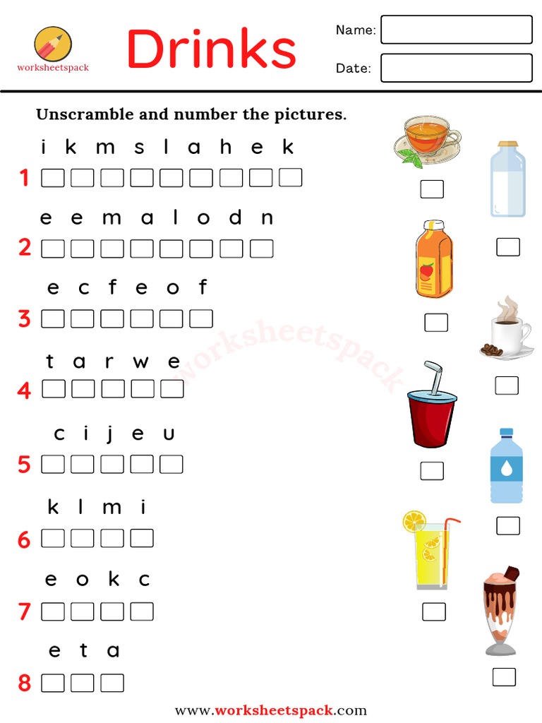 Word Scramble Worksheets Pack Drinks Unscramble and Match The Words ...
