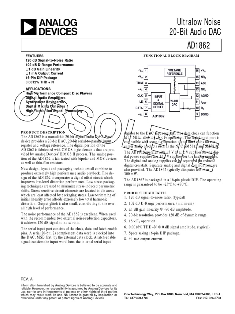 Obsolete: Ultralow Noise 20-Bit Audio DAC AD1862 | PDF | Signal To ...