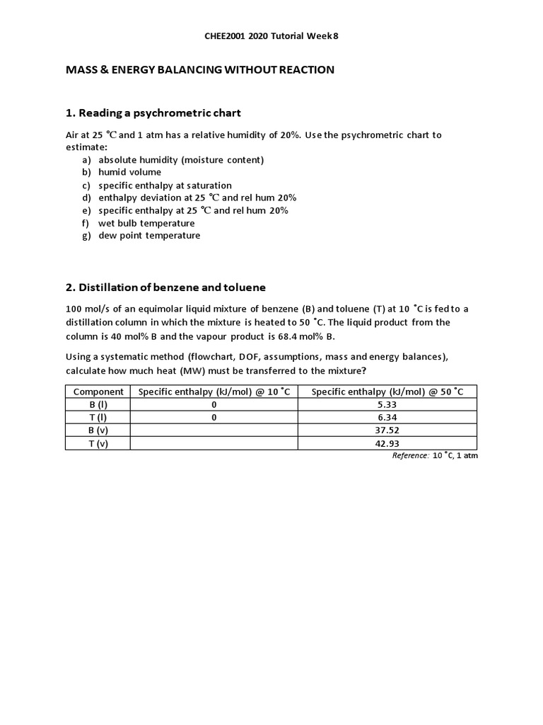 2020 CHEE2001 Week 8 Tutorial Sheet | PDF | Humidity | Enthalpy