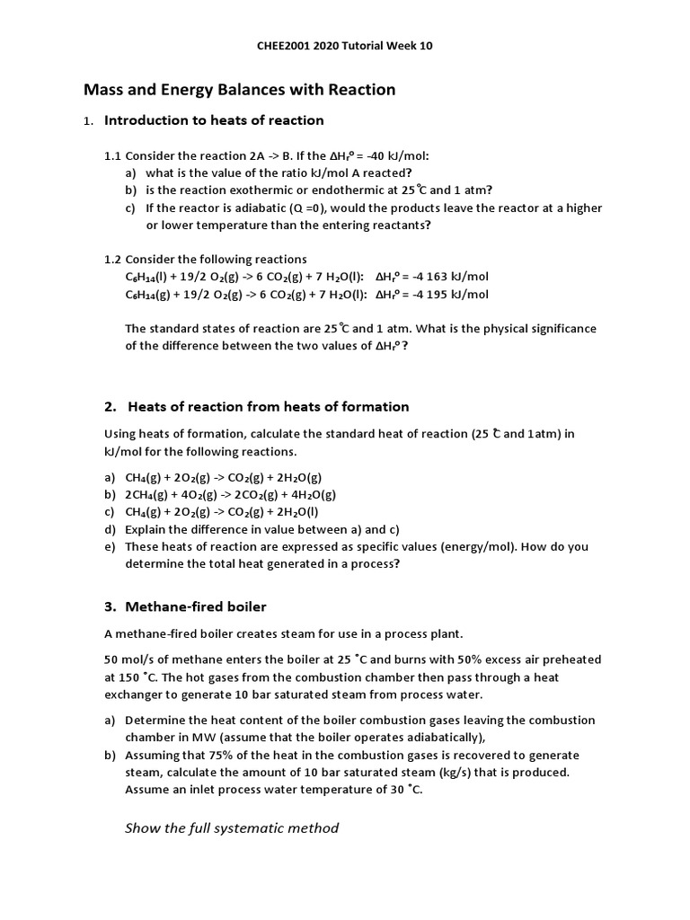 2020 CHEE2001 Week 10 Tutorial Sheet | PDF | Boiler | Heat