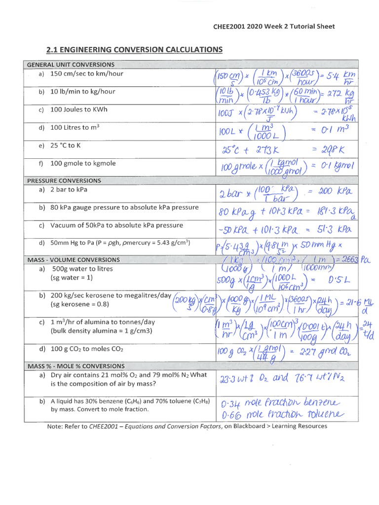 CHEE2001 Week 2 Tutorial Eng Calcs Solutions | PDF