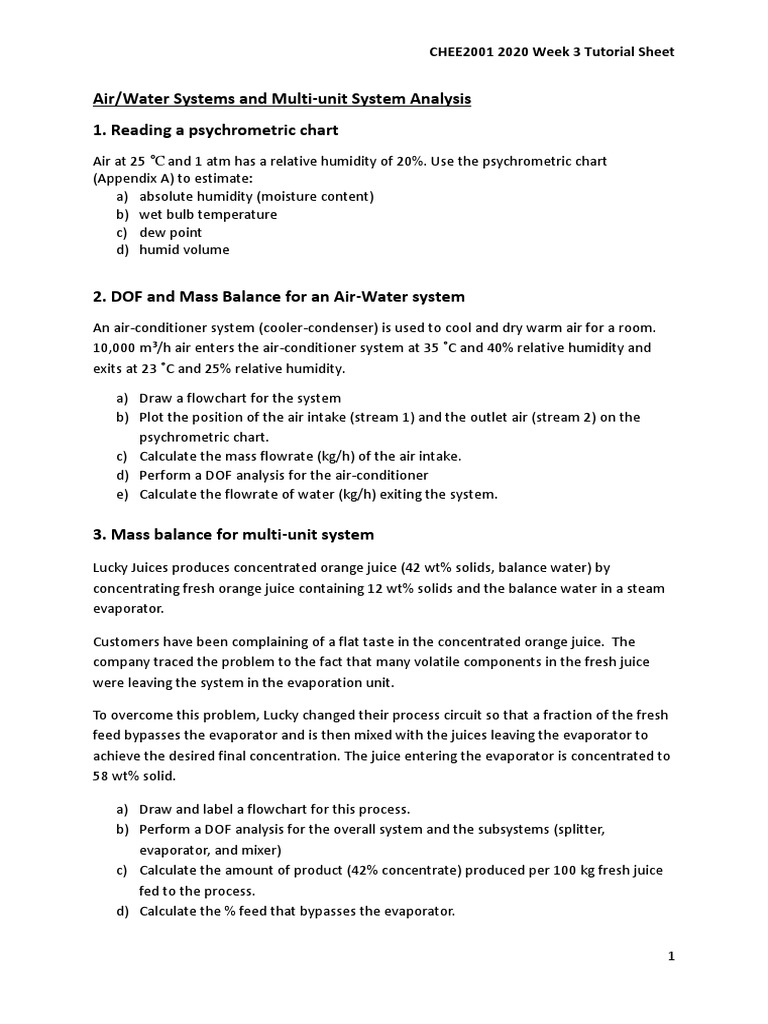 CHEE2001 Week 3 Tutorial Sheet | PDF | Humidity | Distillation