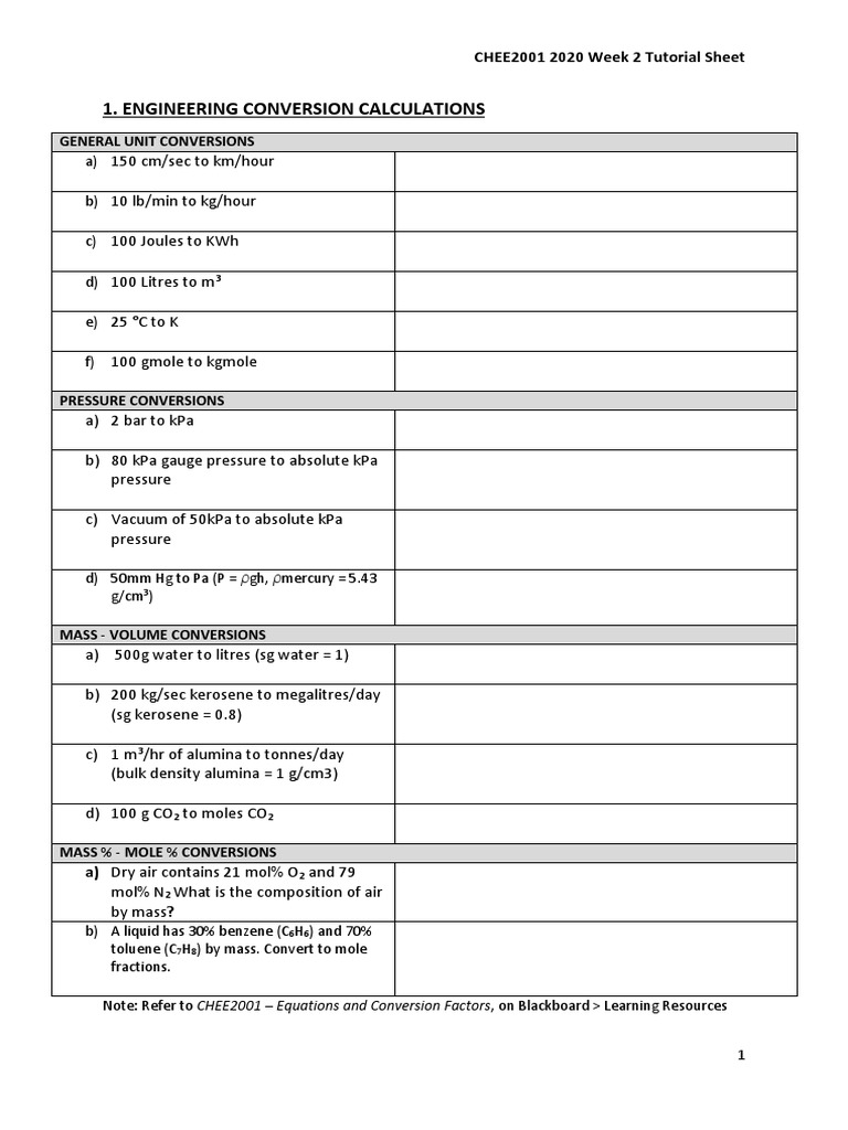 CHEE2001 Week 2 Tutorial Sheet | PDF | Density | Combustion