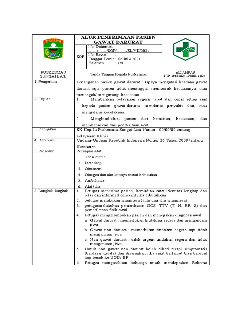 SOP Alur Penerimaan Pasien Gawat Darurat | PDF