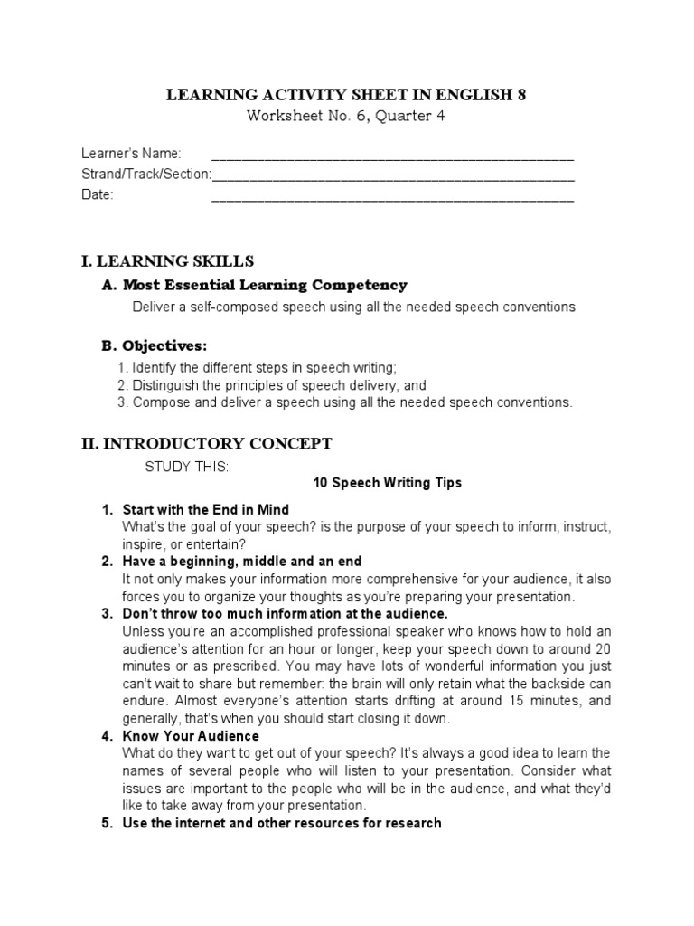 Learning Activity Sheet in English 8: A. Most Essential Learning ...