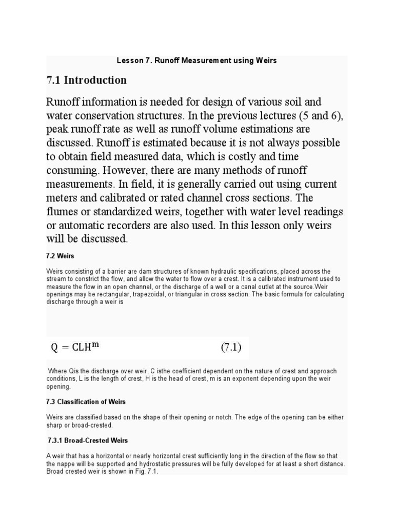 Lesson 7. Runoff Measurement Using Weirs | PDF | Discharge (Hydrology) | Surface Runoff