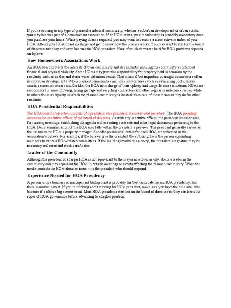 HOA Board Roles and Responsibilities | PDF | Board Of Directors | Policy