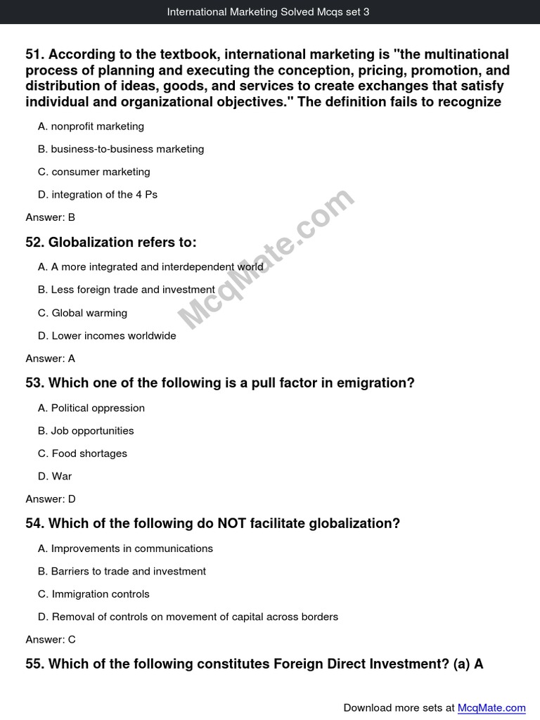 International Marketing Solved Mcqs Set 3 | PDF | Marketing | Globalization International Marketing Solved Mcqs Set 3 | PDF | Marketing | Globalization