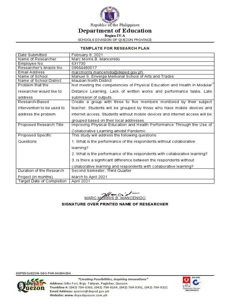 Sample Action Research Plan - Physical Education | PDF | Cognition ...
