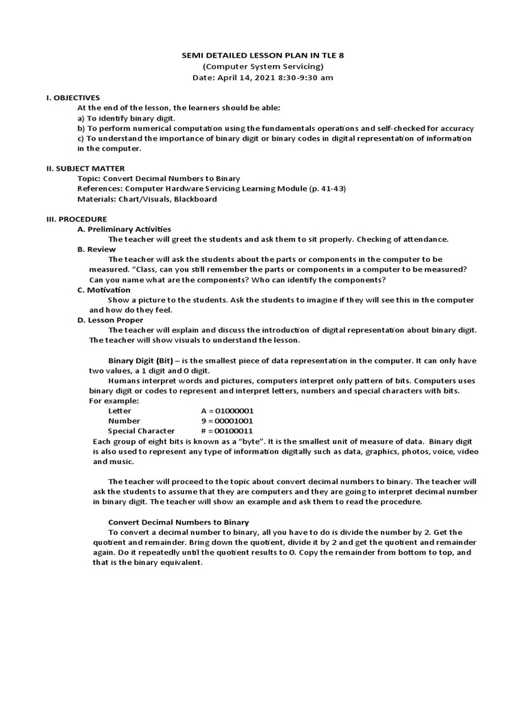 Semi Detailed Lesson Plan in Tle 8 | PDF | Bit | Decimal