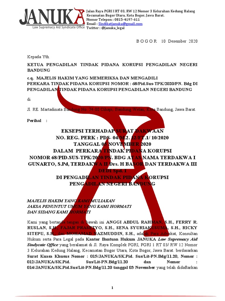 EKSEPSI Perkara Nomor 68 K3S PTK PN Bandung | PDF | Hukum
