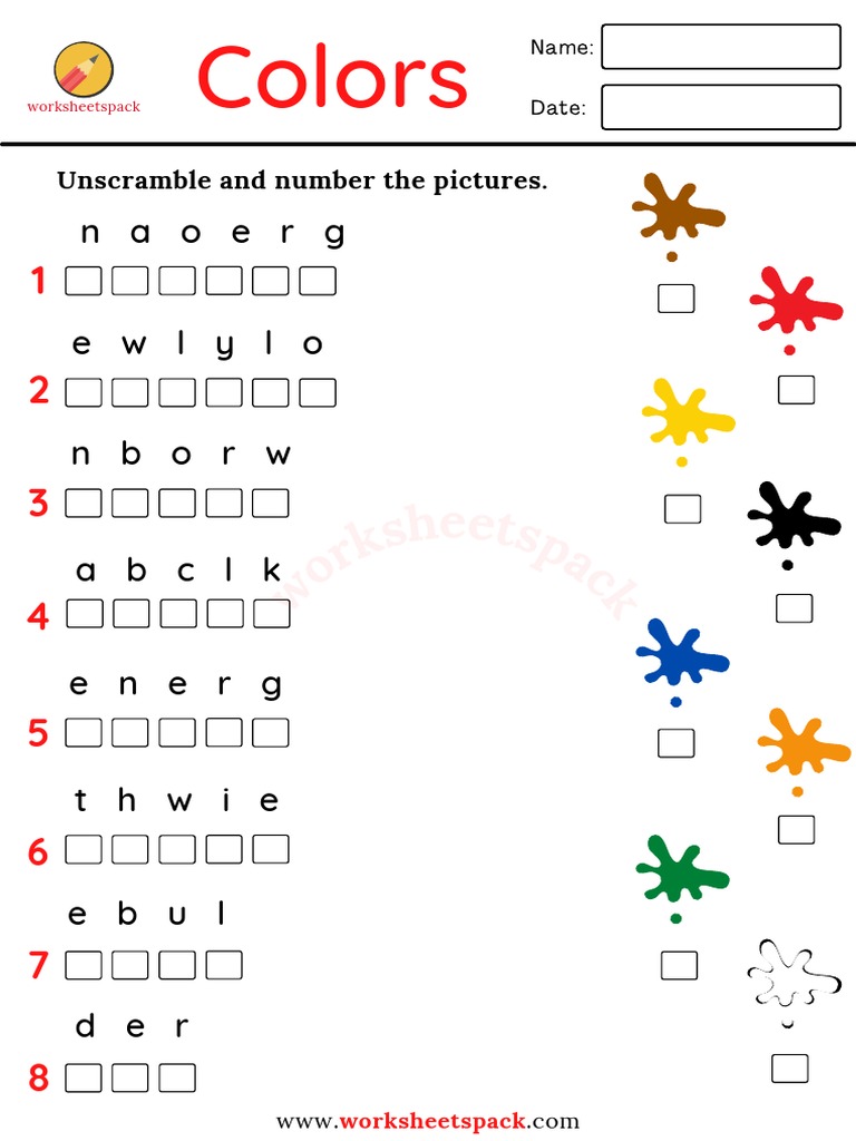 Word Scramble Worksheets Pack Colors Unscramble and Match The Words ...