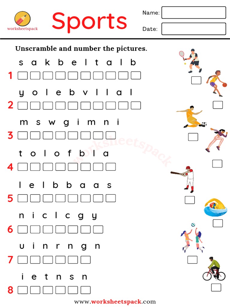 Word Scramble Worksheets Pack Sports Unscramble and Match The Words ...