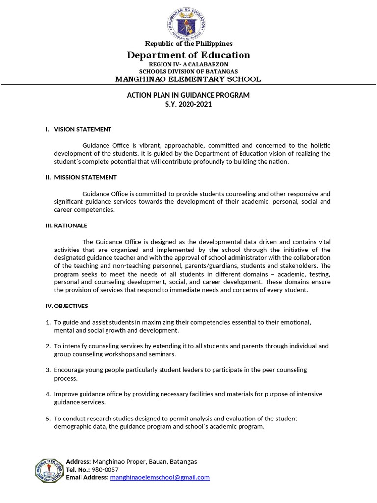 Guidance Program Action Plan 2020-2021 | PDF | School Counselor ...