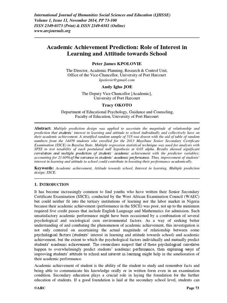 Academic Achievement Prediction: Role of Interest in Learning and ...