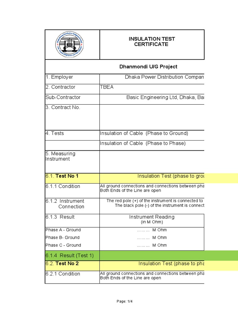 Insulation Test Format For Cable | PDF | Electrical Engineering ...