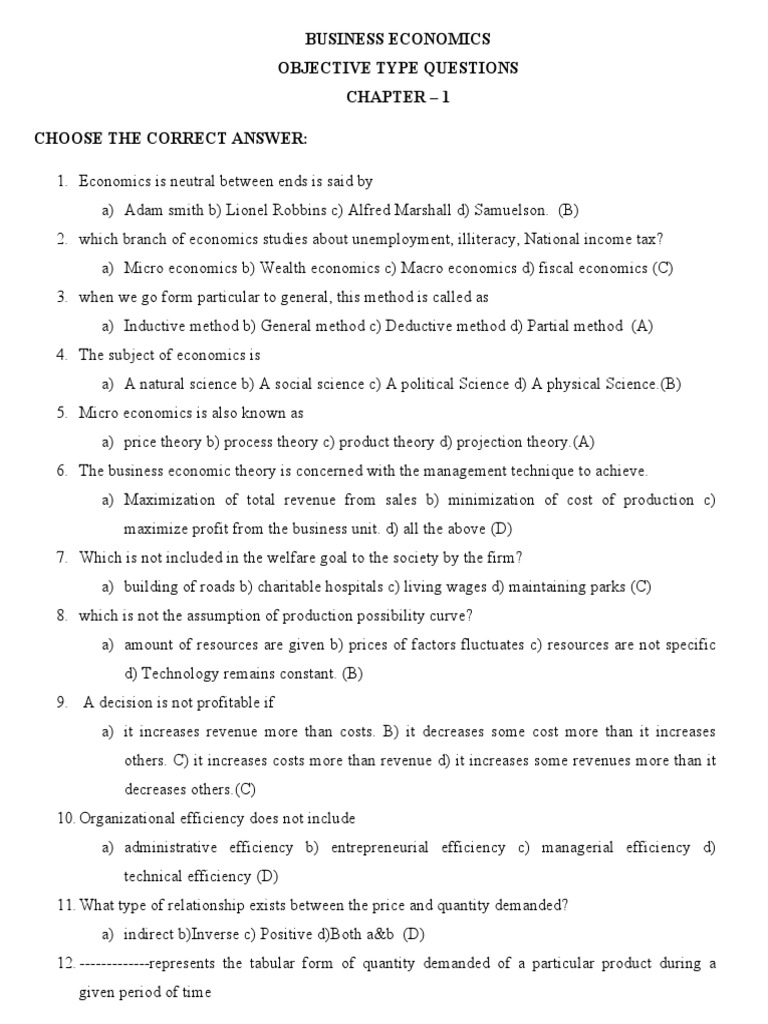 Business Economics Objective Type Questions Chapter - 1 Choose The ...