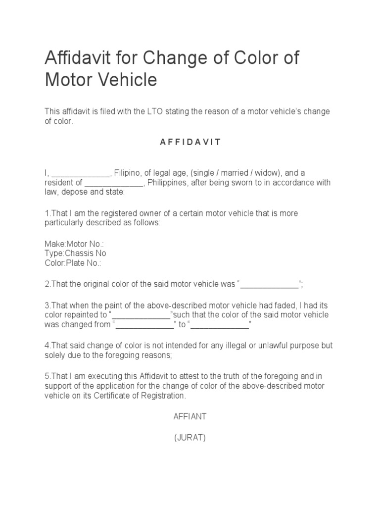 Affidavit For Change of Color of Motor Vehicle | PDF
