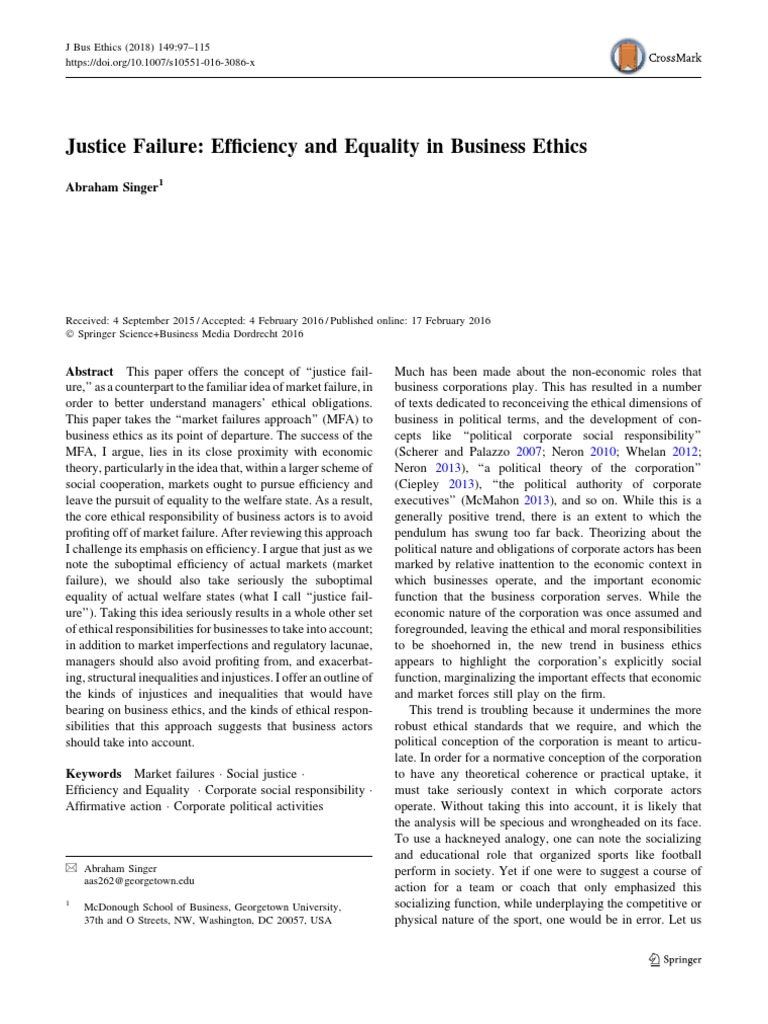 Justice Failure: Efficiency and Equality in Business Ethics | PDF ...