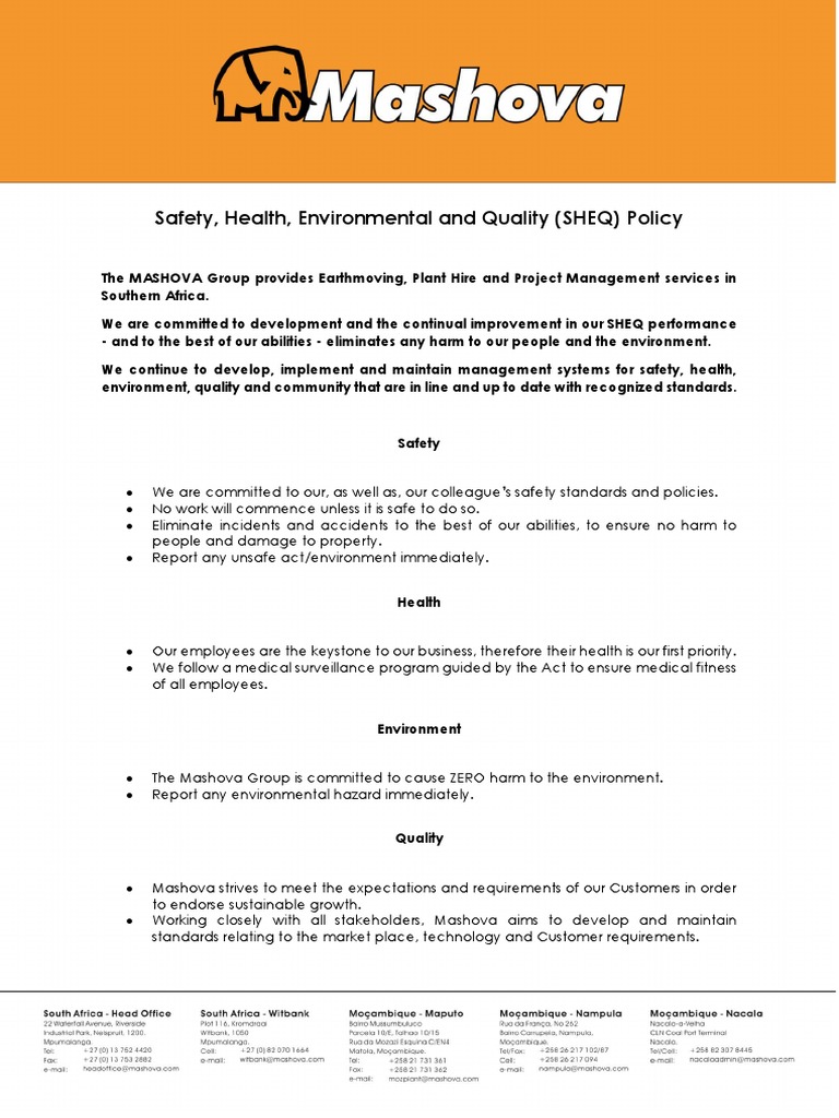 Safety, Health, Environmental and Quality (SHEQ) Policy | PDF | Safety ...