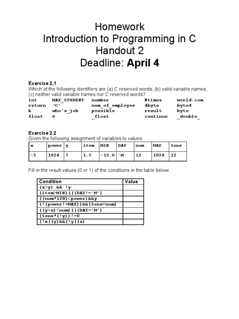 Homework Introduction To Programming In C Handout 2 Deadline April 4 Pdf Computer 0813