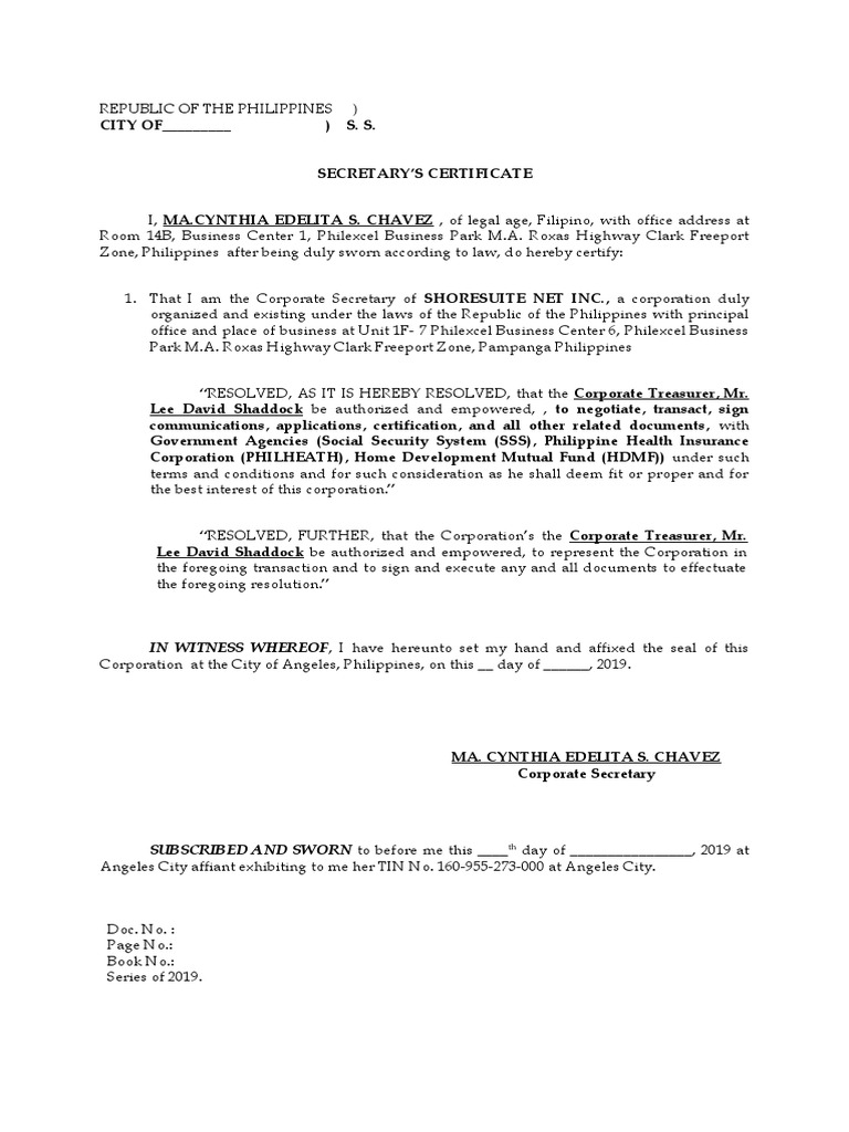 Secretary's Certificate Authorizes Corporate Treasurer | PDF