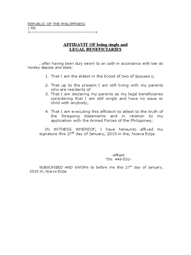 AFFIDAVIT OF Being Single and Legal Beneficiaries | PDF