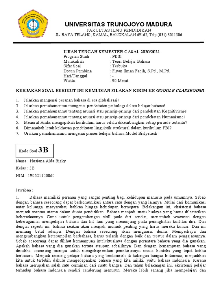 UTS TEORI BELAJAR BAHASA-Hosiana Alda-3B-60 | PDF