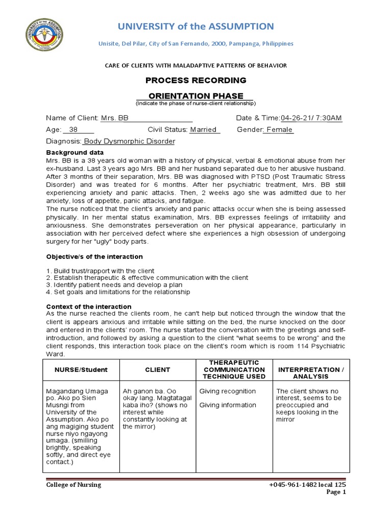 University of The Assumption: Process Recording Orientation Phase | PDF ...