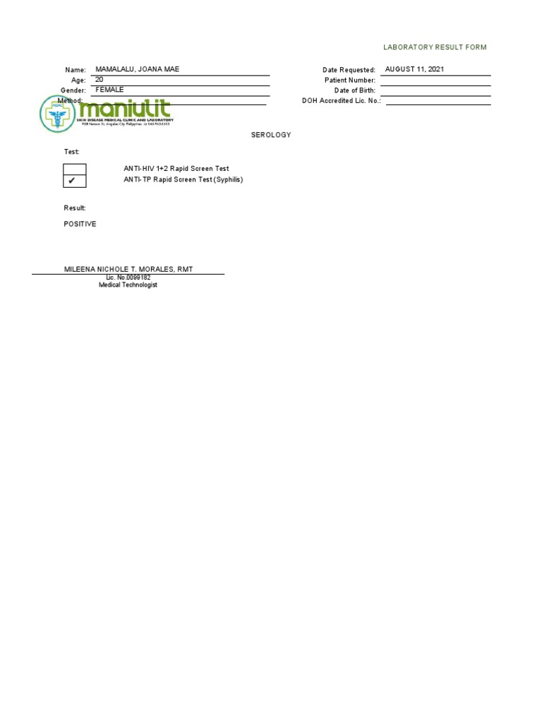 Serology Test Results for Joana Mae Mamalalu | PDF | Self-Improvement ...