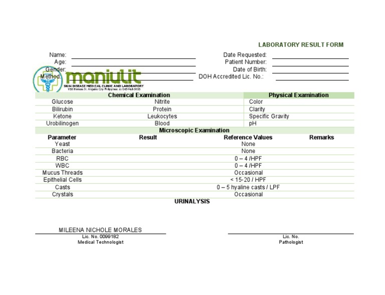 Chemical Examination Physical Examination: Laboratory Result Form | PDF