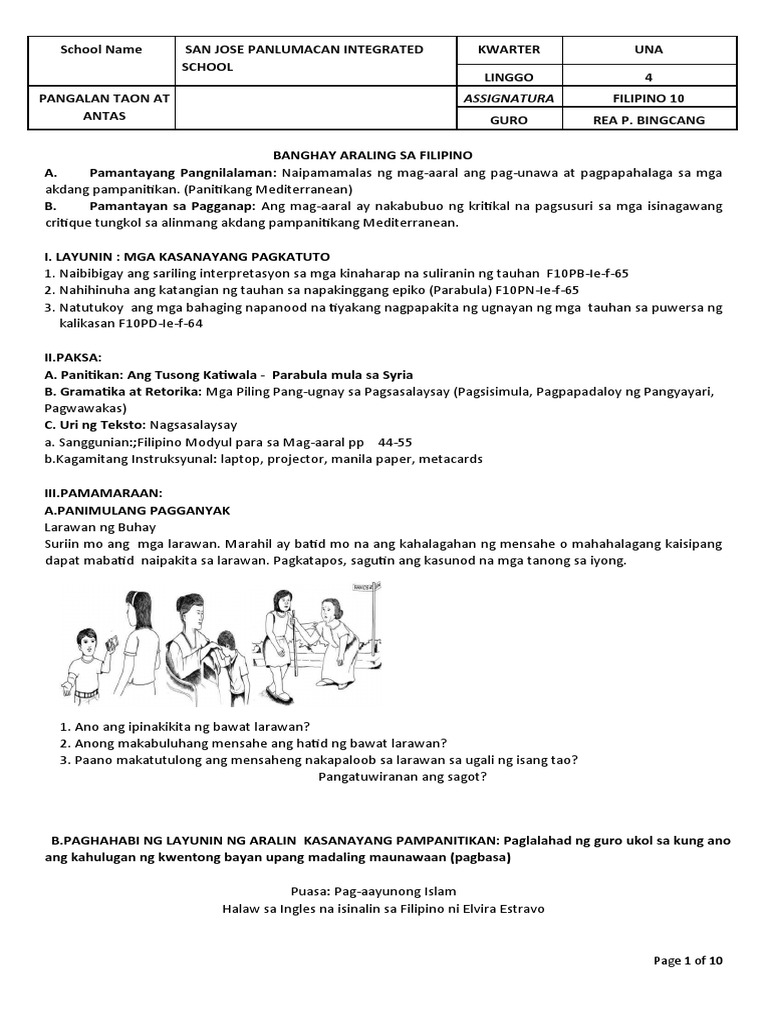 Filipino 10 DLP Week 3 Parabula | PDF