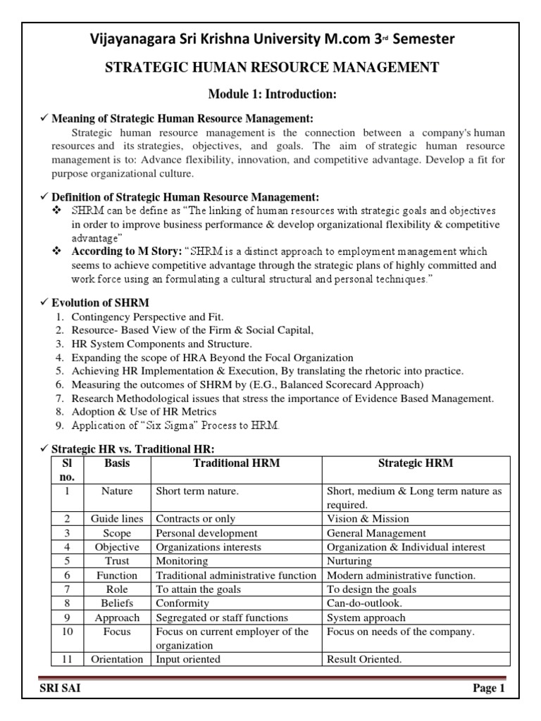 Strategic Human Resource Management Notes1 | PDF | Human Resource ...