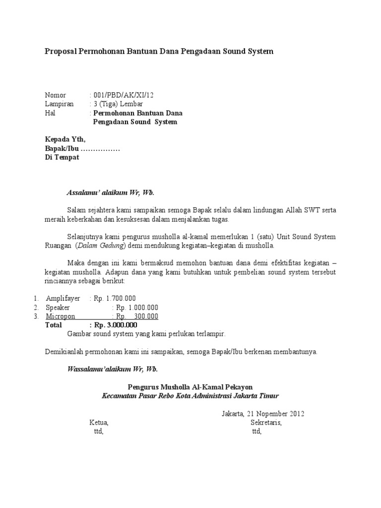 Proposal Permohonan Bantuan Dana Pengadaan Sound System | PDF